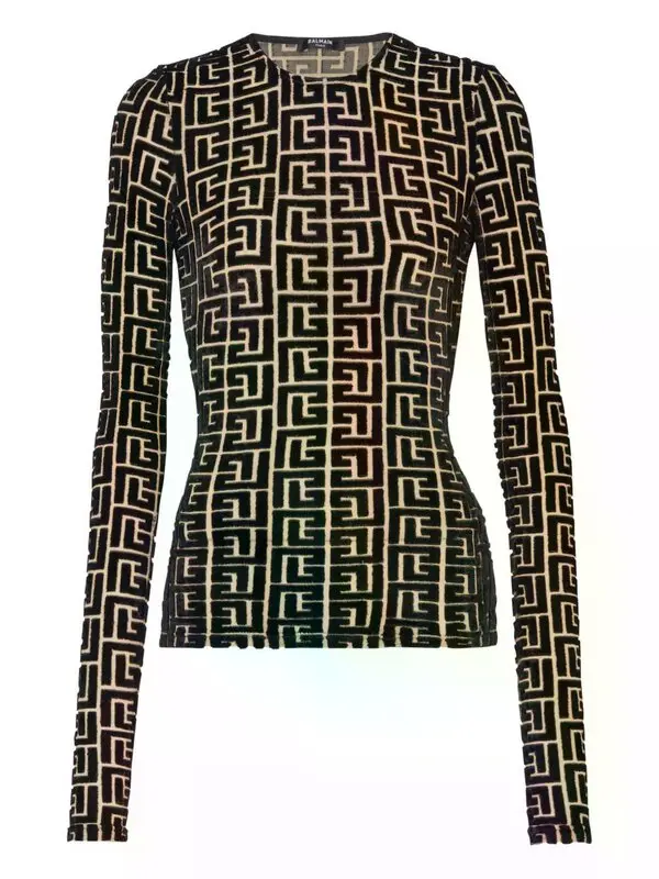 Balmain Monogrammed Velvet Round Neck Long Sleeve Top