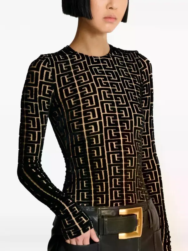 Balmain Monogrammed Velvet Round Neck Long Sleeve Top