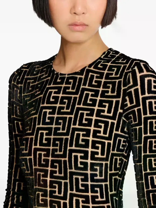 Balmain Monogrammed Velvet Round Neck Long Sleeve Top
