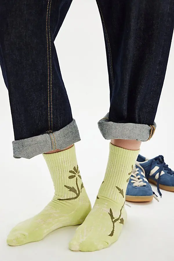 Free People Floral Sky Crew Socks - Lime