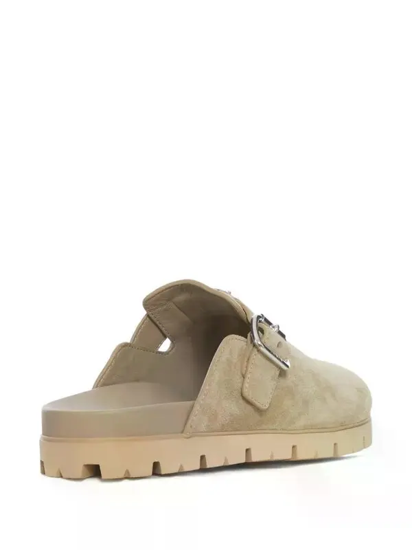Prada Logo Buckle Suede Mules - Neutrals