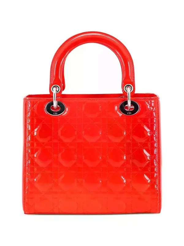 Dior Lady Medium Satchel Cannage Quilt Patent - Red