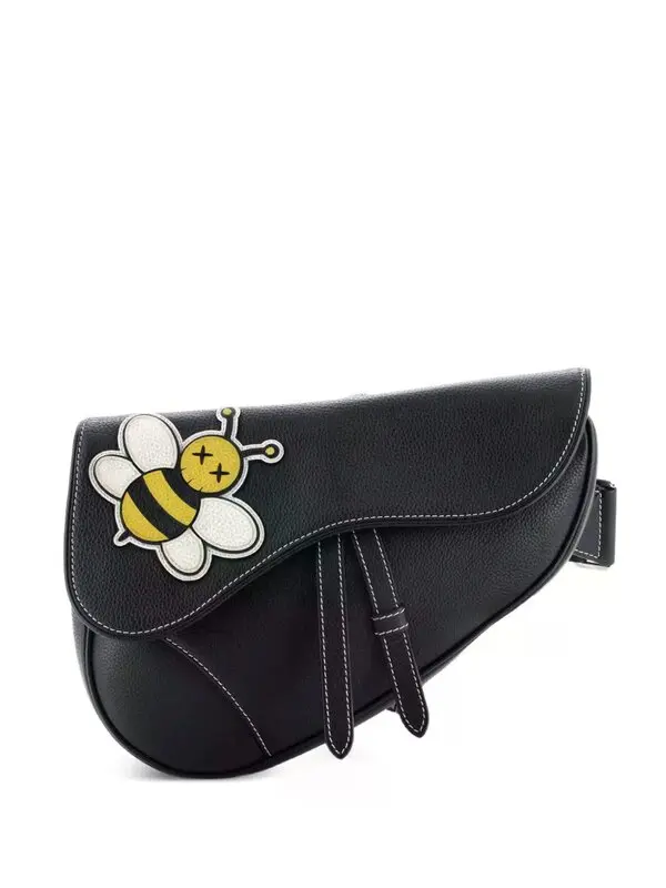 Dior Kaws Saddle Leather Applique Crossbody Bag - Black