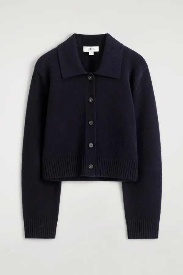 Cos Collared Merino Wool Cardigan - Navy