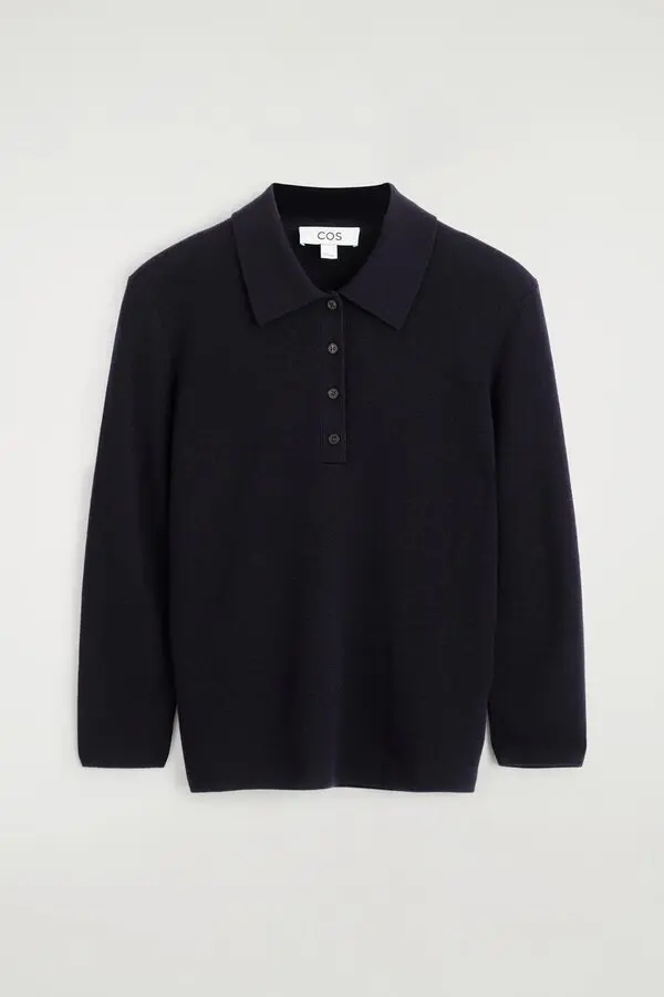 Cos Cropped-sleeve Merino Wool Polo Shirt - Navy