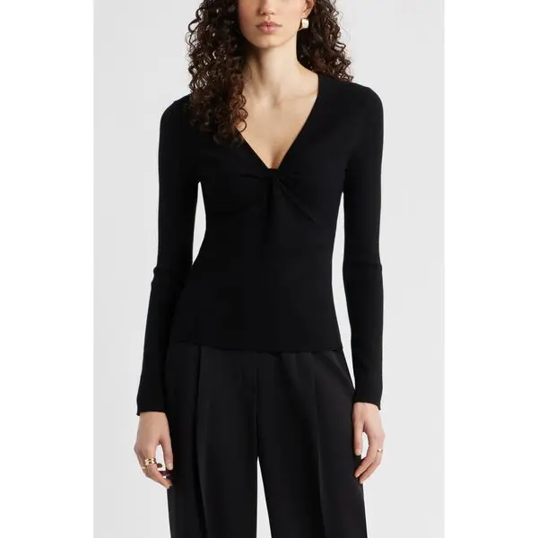 Nordstrom Twist Front Merino Wool Blend Sweater - Black