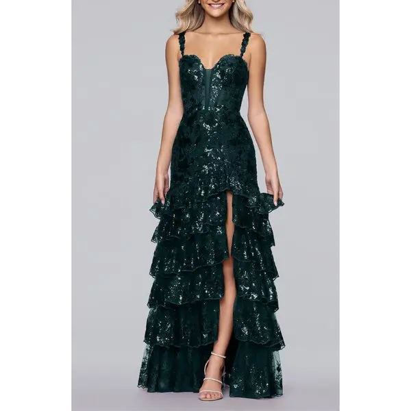 BLONDIE NITES Sequin Embroidered Tiered Tulle Gown - Black