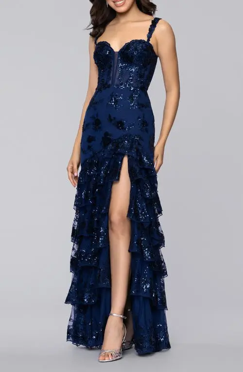 BLONDIE NITES Sequin Embroidered Tiered Tulle Gown