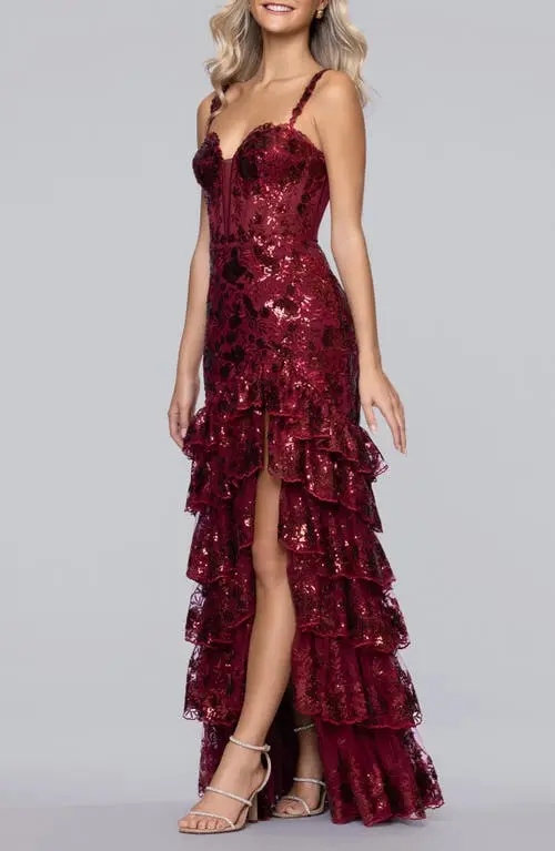 BLONDIE NITES Sequin Embroidered Tiered Tulle Gown