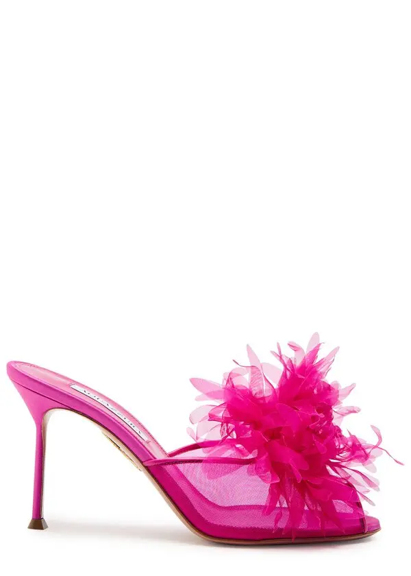 AQUAZZURA Poeme 85 Appliquéd Mesh And Satin Peep-toe Mules - Pink