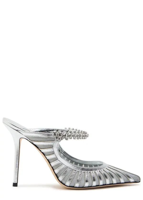 JIMMY CHOO Bing 100 Embellished Panelled Metallic Leather Pumps - Silver