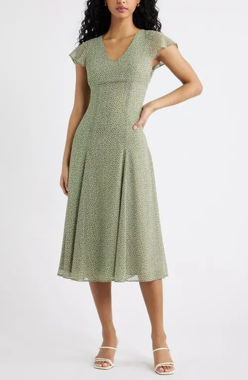 OPEN EDIT Short Sleeve Pleated Dress - Olive- White Dense Dot