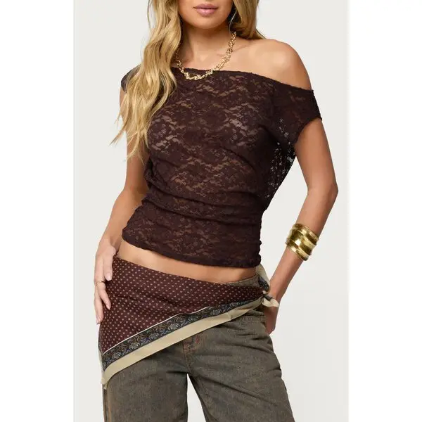 EDIKTED Kessa Lace One-shoulder Top - Brown