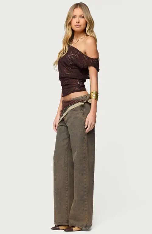 EDIKTED Kessa Lace One-shoulder Top - Brown