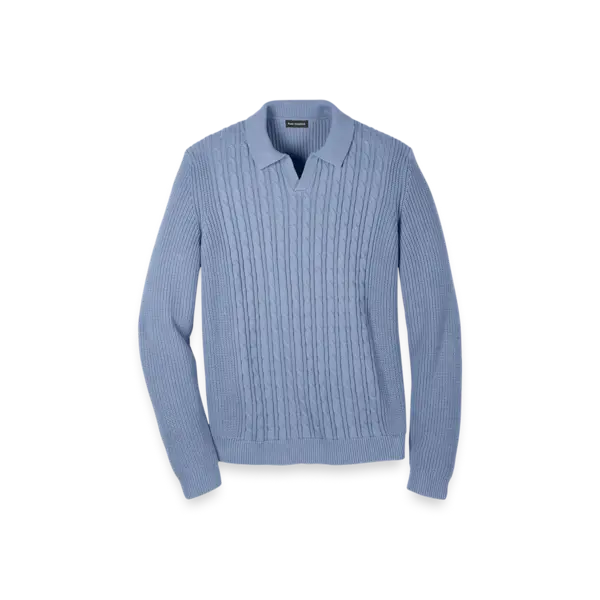PAUL FREDRICK Cotton Cable V-neck Polo - Blue