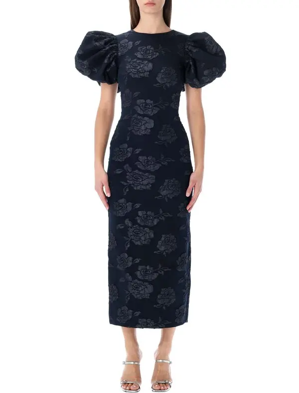ROTATE BY BIRGER CHRISTENSEN Jacquard Puff Sleeve Midi Dress - Blue