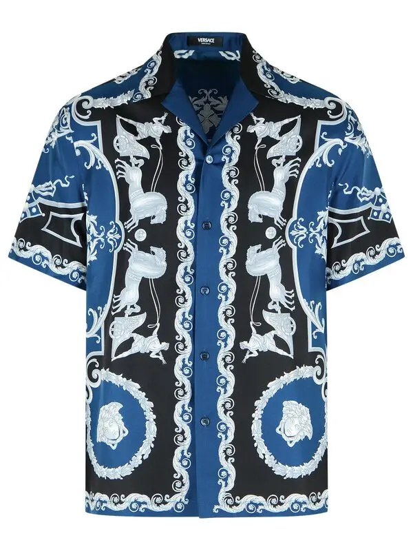 Versace Regular Shirt In Black And Printed Silk Twill - Blue