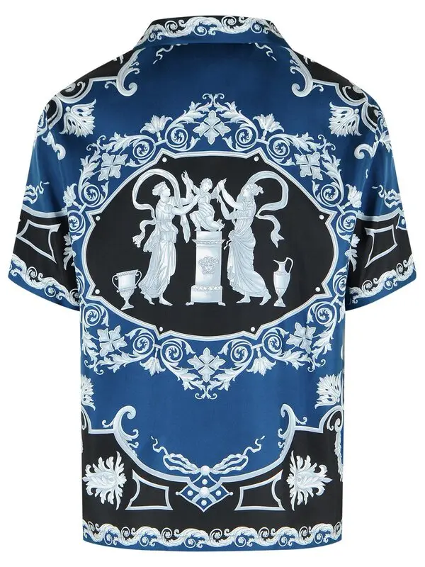 Versace Regular Shirt In Black And Printed Silk Twill - Blue