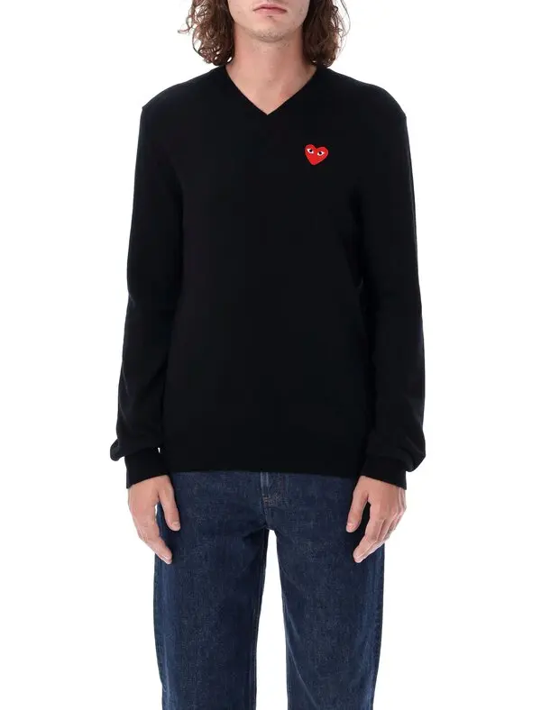 Play Comme Des Garcon Wool V-neck Sweater With Red Heart Patch - Black