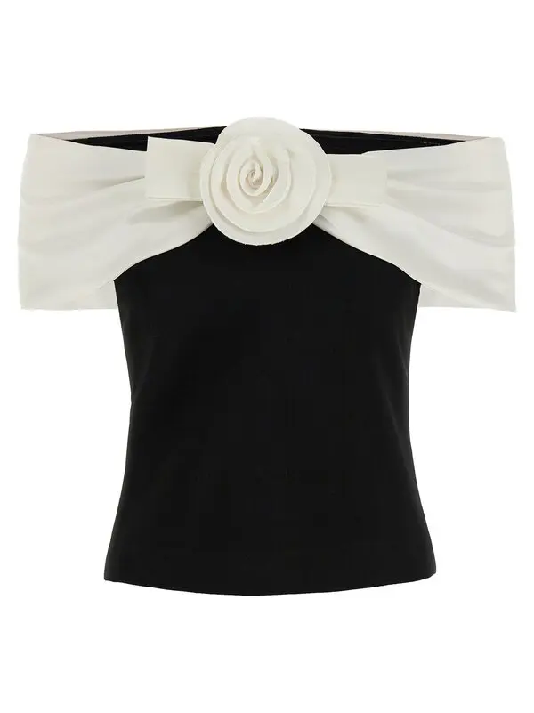 SELF-PORTRAIT Crêpe Flower Top - White/black