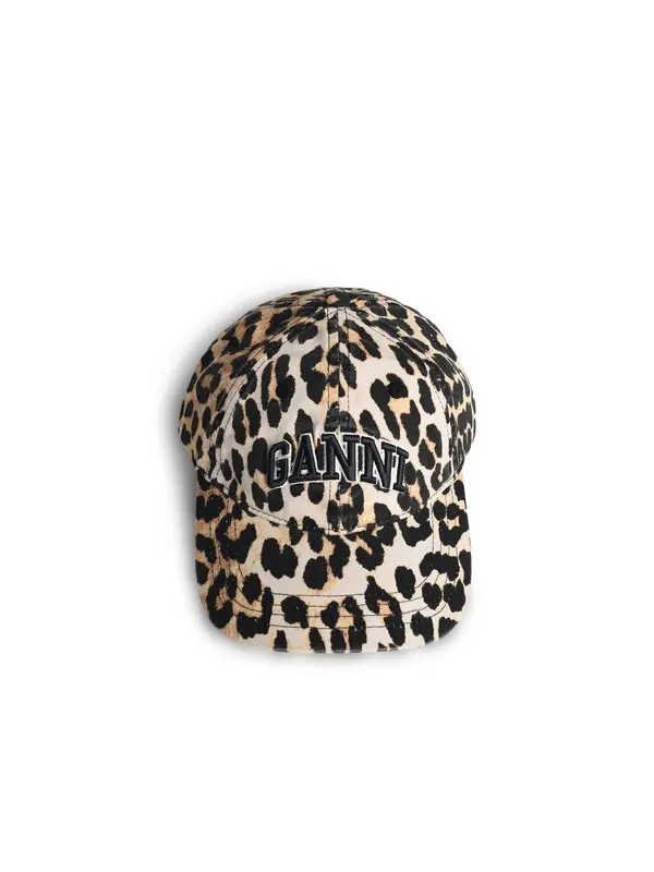 GANNI Leopard Print Cotton Cap - Brown