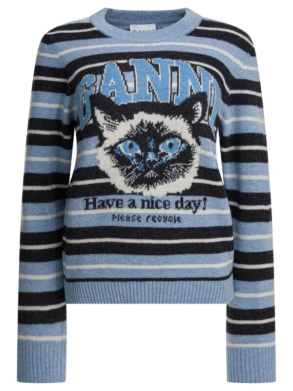 GANNI Printed Wool Blend Sweater - Light Blue