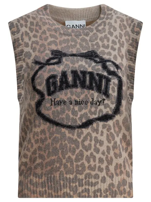 GANNI Wool Vest With Logo - Brown