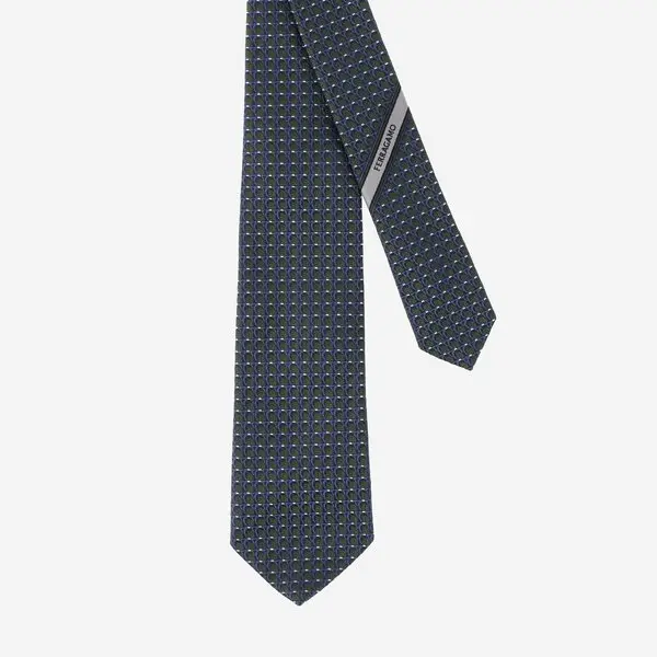 FERRAGAMO Silk Necktie With Geometric Pattern - Verde Scuro