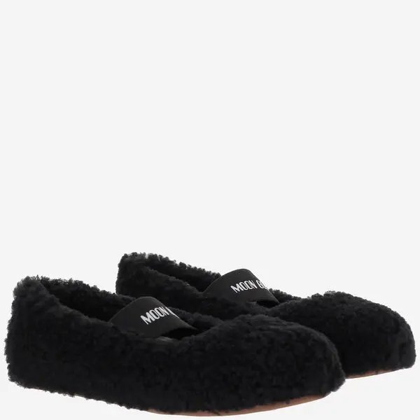Moon Boot Shearling Ballerina Flats With Logo - Black