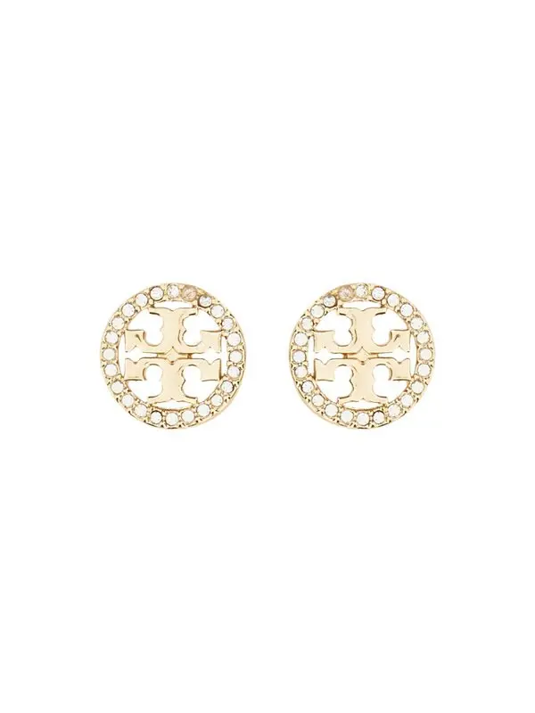 Tory Burch Circle Stud Crystal Logo Earrings - Gold