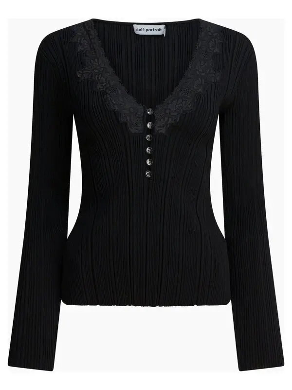 SELF-PORTRAIT Ribbed Knit Top With Lace - Black
