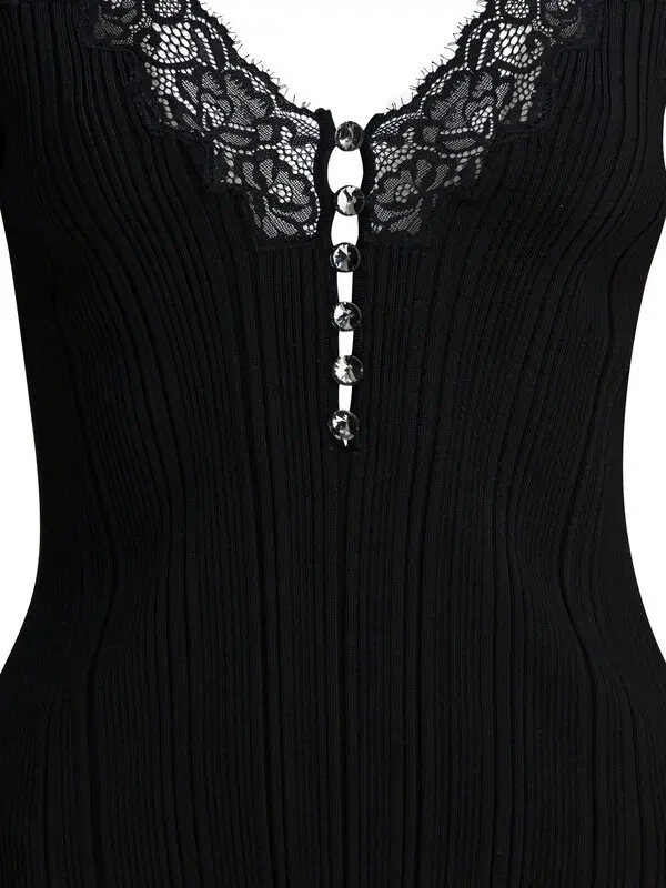 SELF-PORTRAIT Ribbed Knit Top With Lace - Black