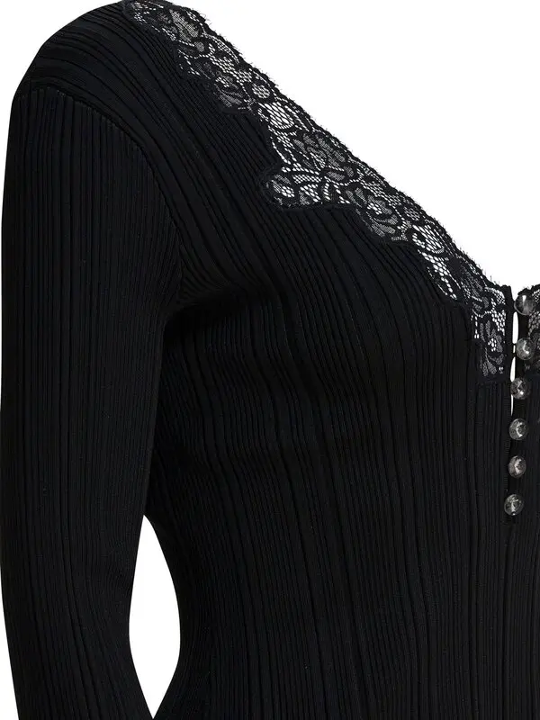 SELF-PORTRAIT Ribbed Knit Top With Lace - Black
