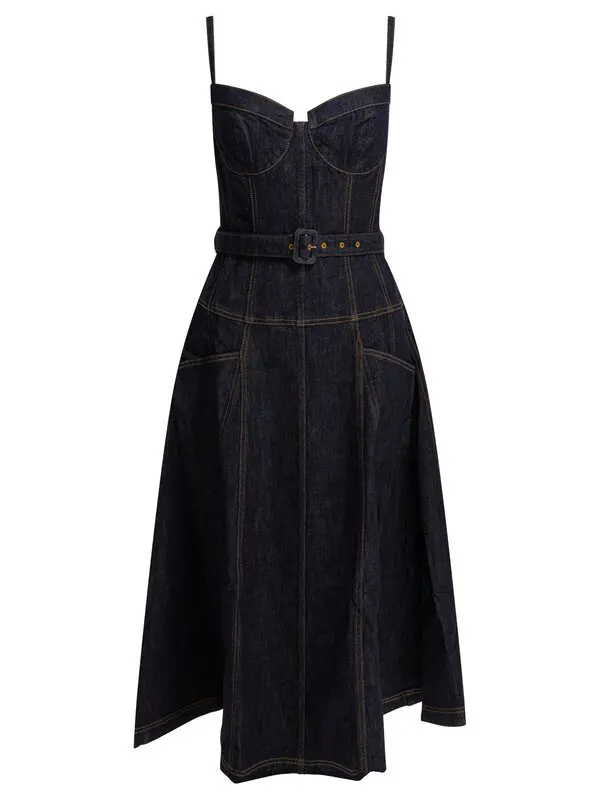 SELF-PORTRAIT Denim Flared Midi Dress