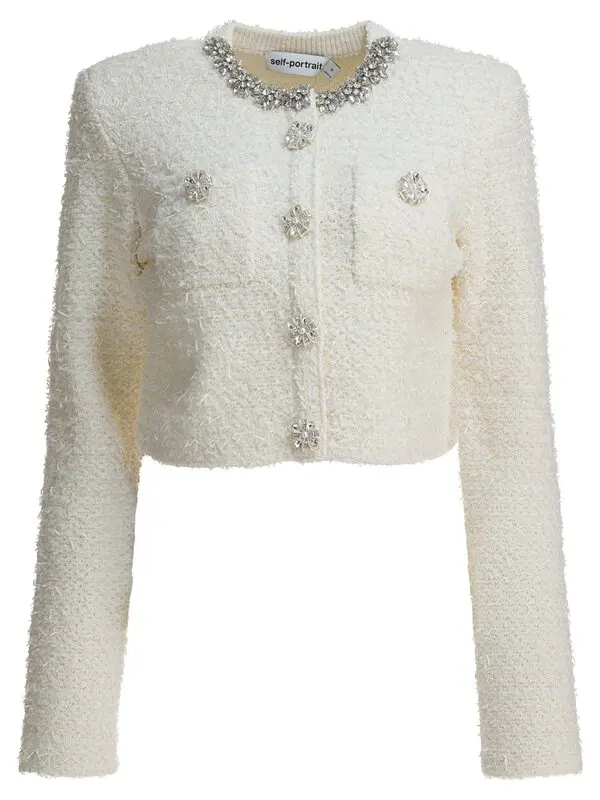 SELF-PORTRAIT Embellished Wool Blend Cardigan - Beige