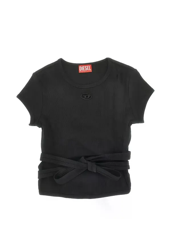 DIESEL® Ribbed T-shirt With Logo Plaque And Tie Detail - Grey