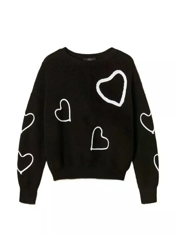 TWINSET Hearts Detail Long Sleeve Knit Sweater - Black