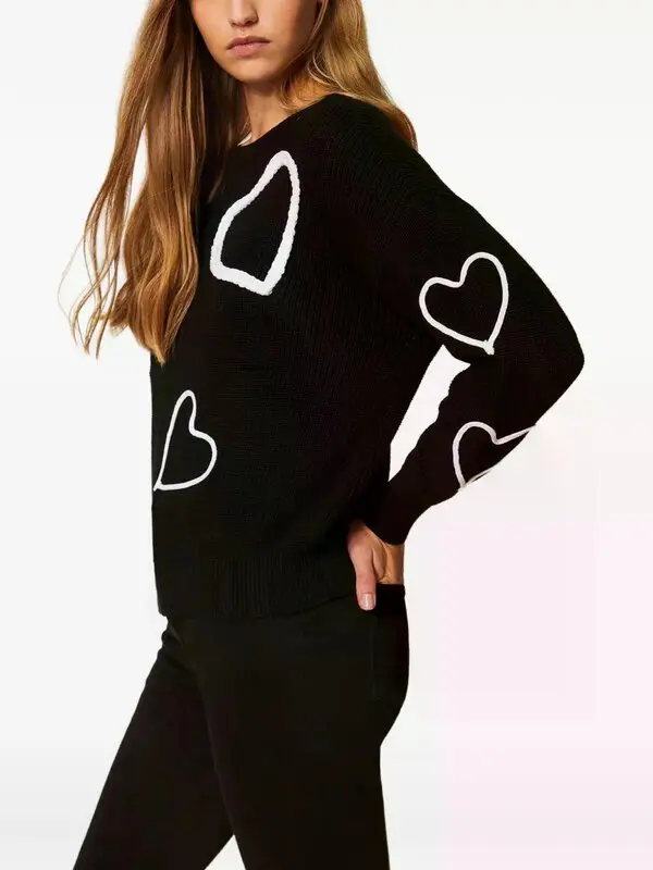 TWINSET Hearts Detail Long Sleeve Knit Sweater - Black