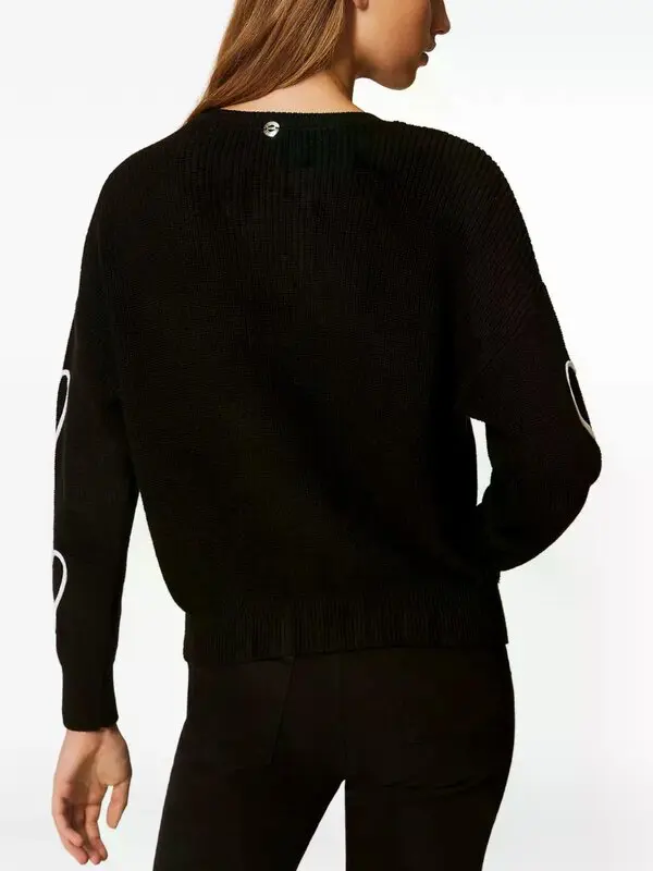 TWINSET Hearts Detail Long Sleeve Knit Sweater - Black