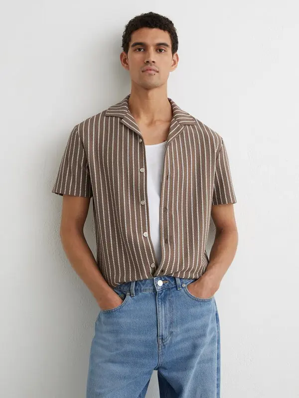 REISS Percy Textured-stripe Cuban-collar Shirt Cotton-blend - Brown/ecru