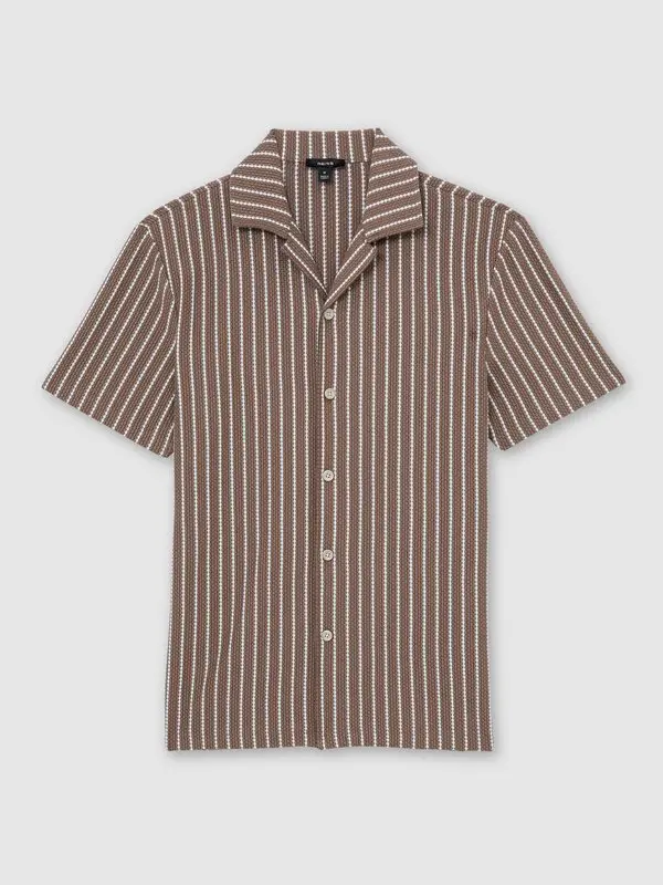 REISS Percy Textured-stripe Cuban-collar Shirt Cotton-blend - Brown/ecru
