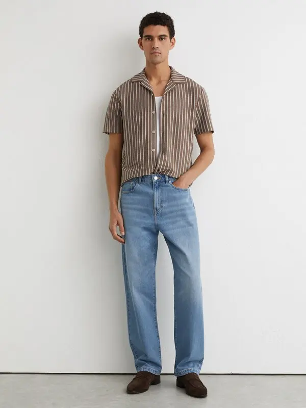 REISS Percy Textured-stripe Cuban-collar Shirt Cotton-blend - Brown/ecru