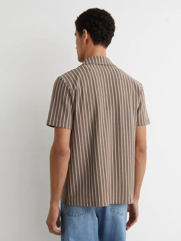 REISS Percy Textured-stripe Cuban-collar Shirt Cotton-blend - Brown/ecru