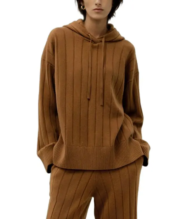 Lilysilk Ribbed Hooded Knit Top - Cinnamon