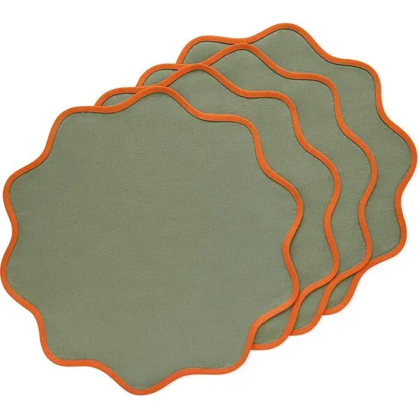 SOLINO HOME Linen Round Placematsgiselle Scallop Edge - Persimmon Orange And Oil Green
