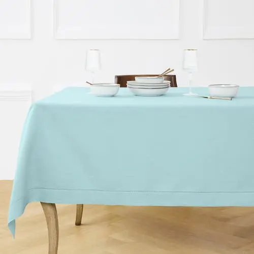 SOLINO HOME Linen Tableclothclassic Hemstitch - Aqua Blue