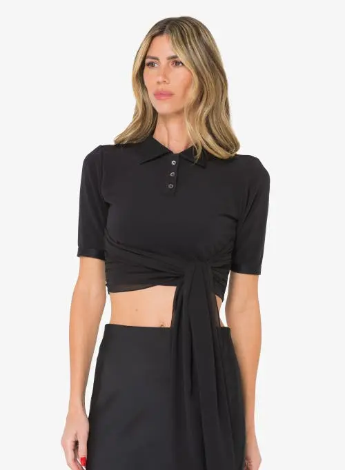 JBQ Knit Polo Top With Chiffon Tie - Black