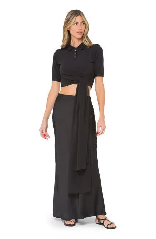 JBQ Knit Polo Top With Chiffon Tie - Black