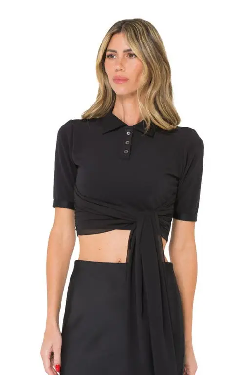 JBQ Knit Polo Top With Chiffon Tie - Black