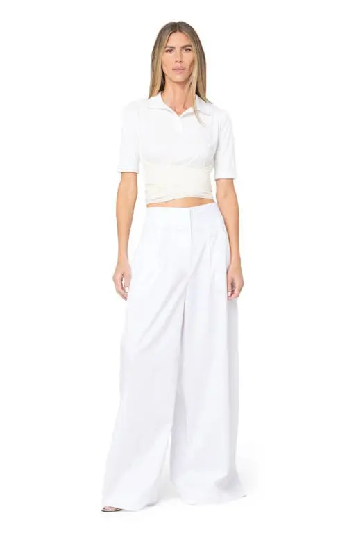 JBQ Knit Polo Top With Chiffon Tie - Bone